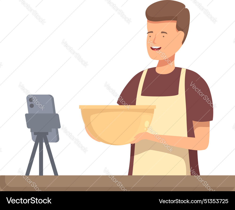 Smiling man in apron holding a bowl while Vector Image