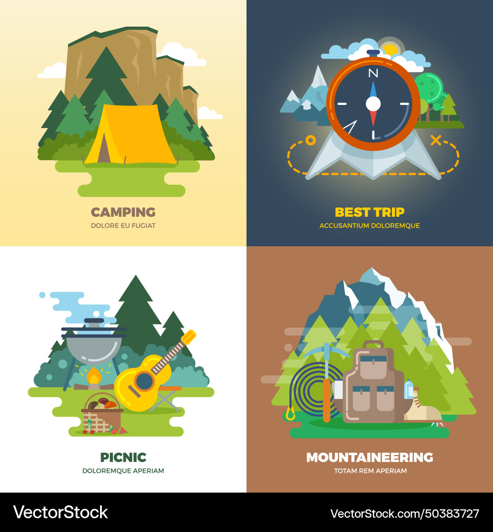 Outdoor adventure camp flat background concept set