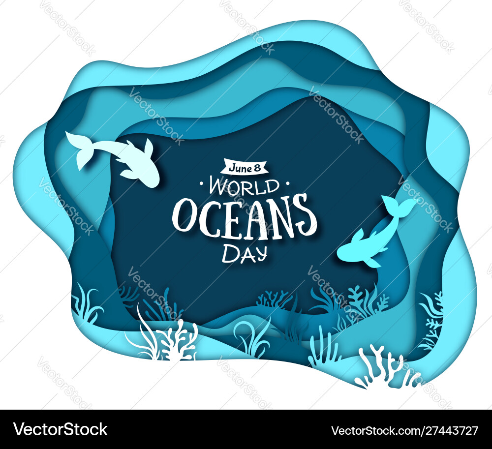 World oceans day paper art sea waves and fish Vector Image