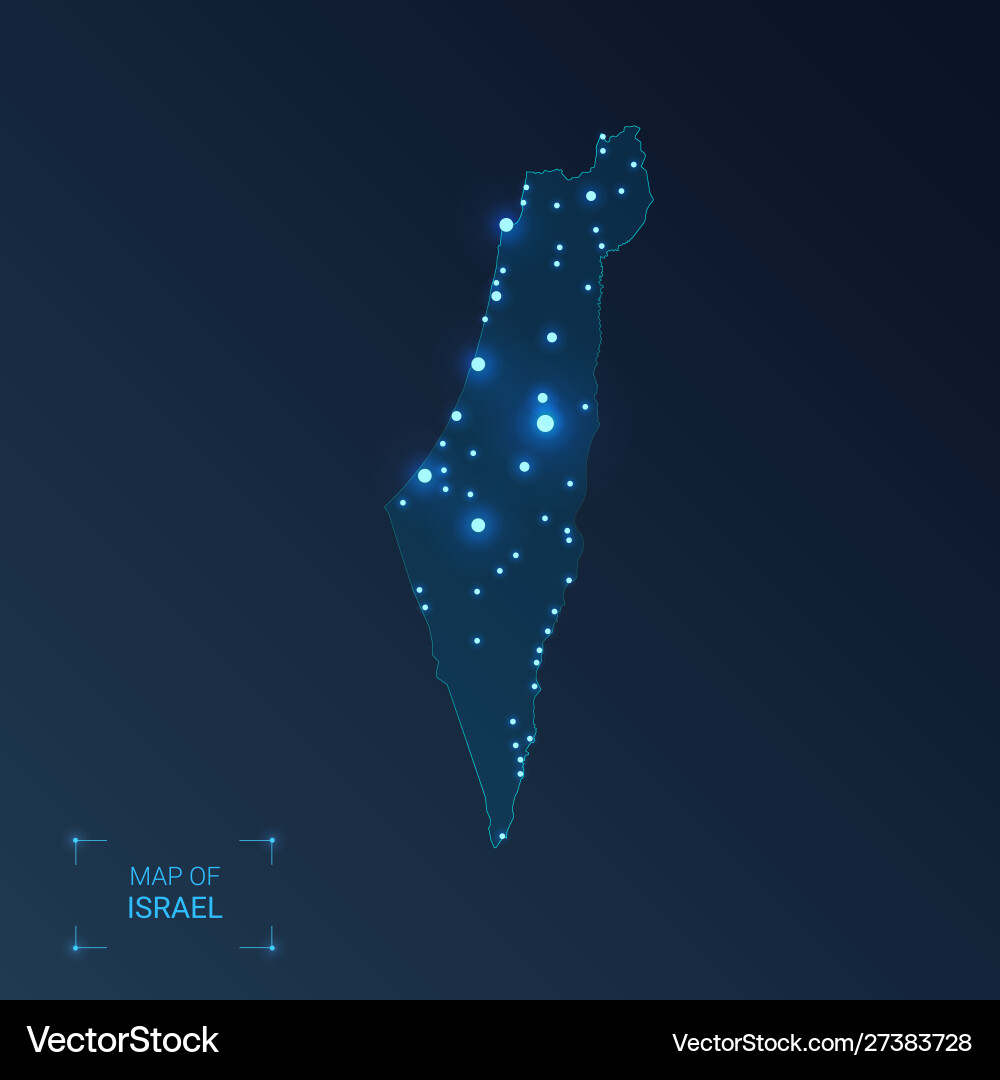 Israel map with cities luminous dots - neon Vector Image