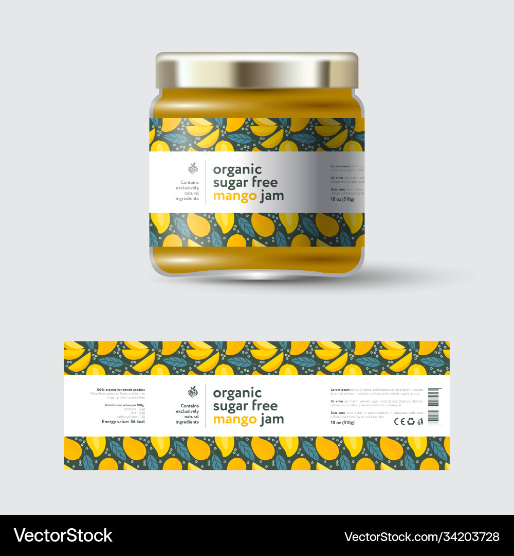 Jam mango label and packaging jar with cap Vector Image