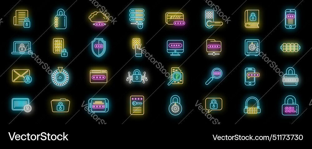 Cipher icons set neon Royalty Free Vector Image