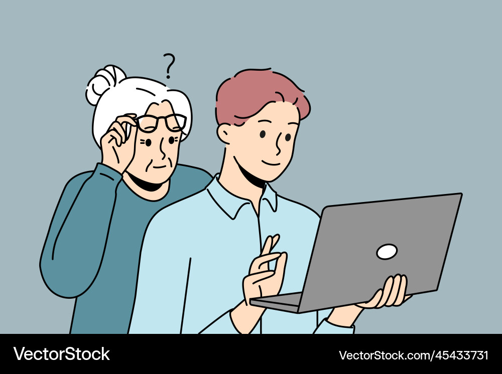 Grandson help grandmother with computer Royalty Free Vector