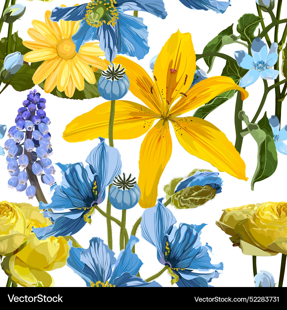 Seamless pattern with yellow blue flowers Vector Image