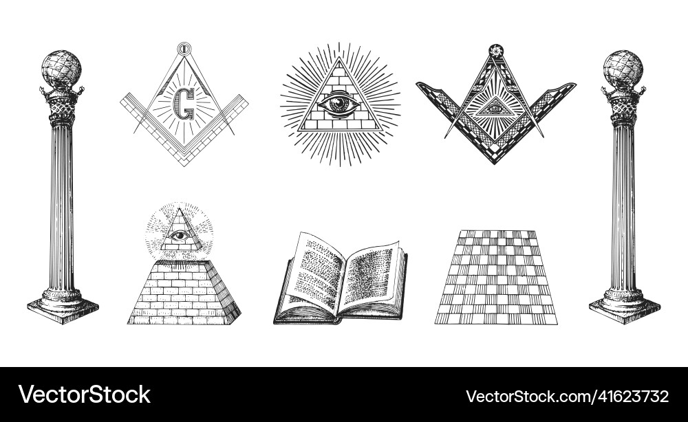 Masonic symbols set in occult symbolism Royalty Free Vector