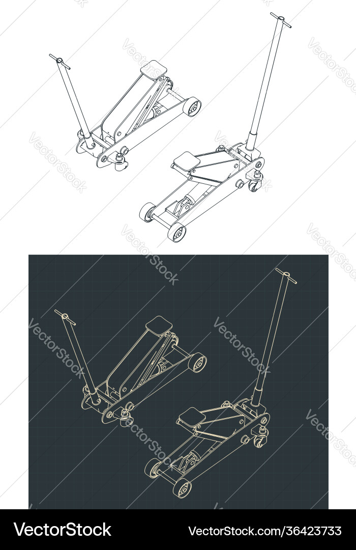 Hydraulic car jack isometric drawings Royalty Free Vector