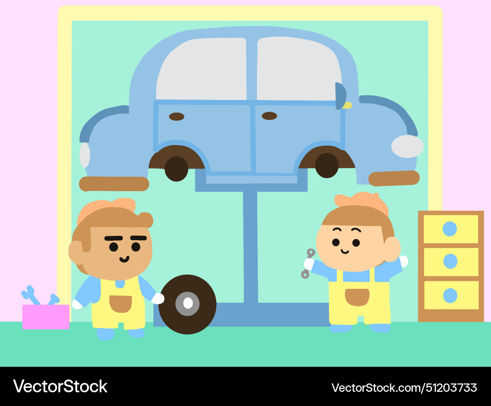 Little car mechanic are working Royalty Free Vector Image