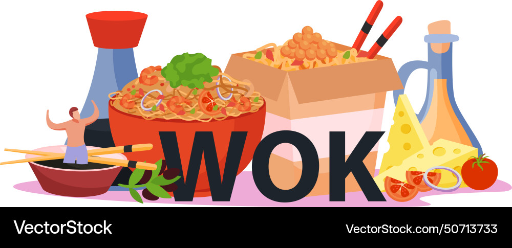 Wok flat text composition Royalty Free Vector Image