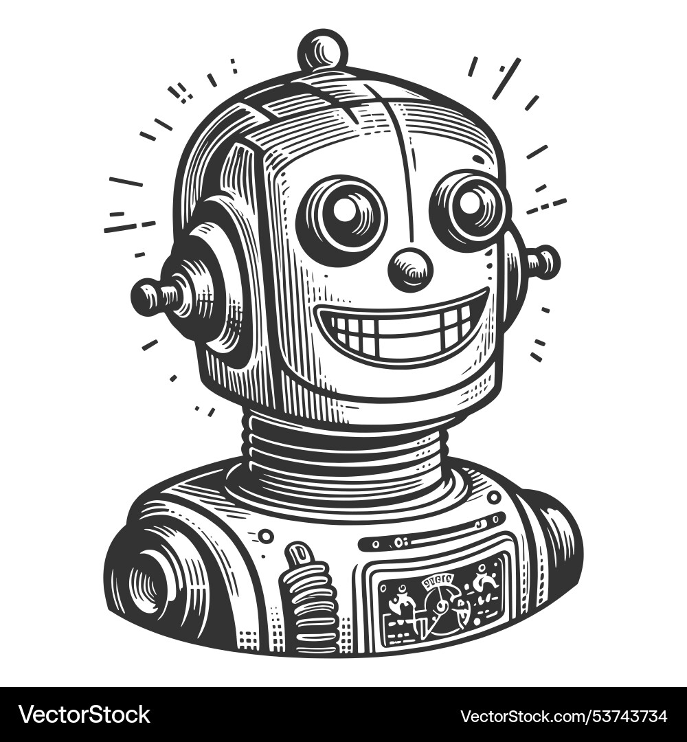Smiling vintage robot engraving Royalty Free Vector Image
