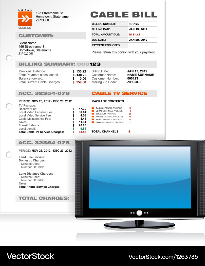 Cable tv service bill with flat plasma led lcd Vector Image