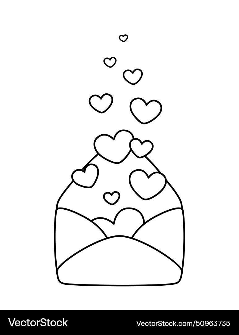 Coloring page with envelope and hearts black Vector Image