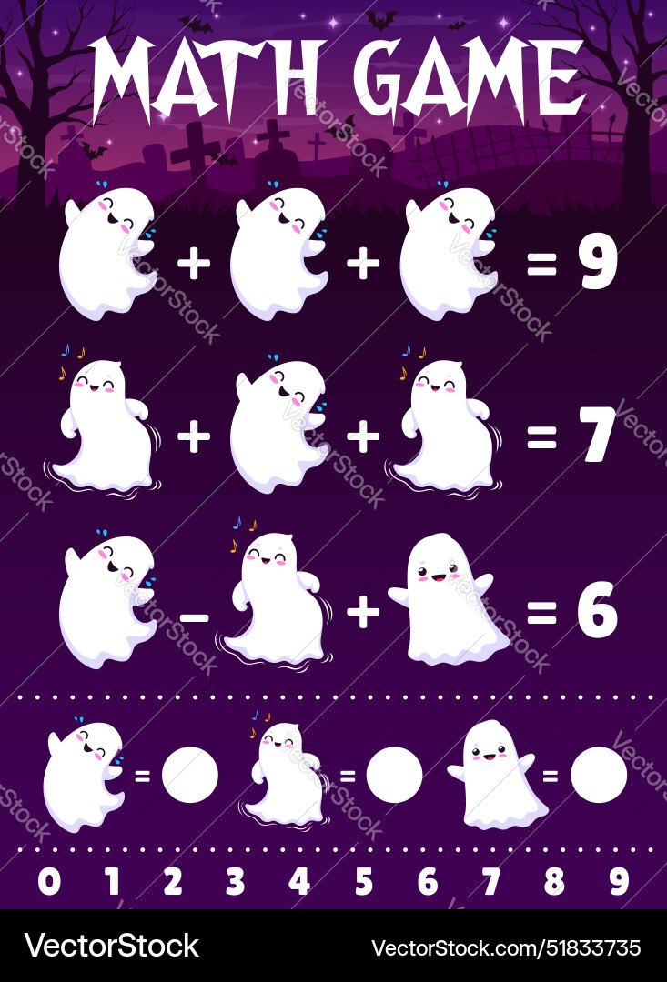 Halloween math game funny kawaii ghost characters Vector Image