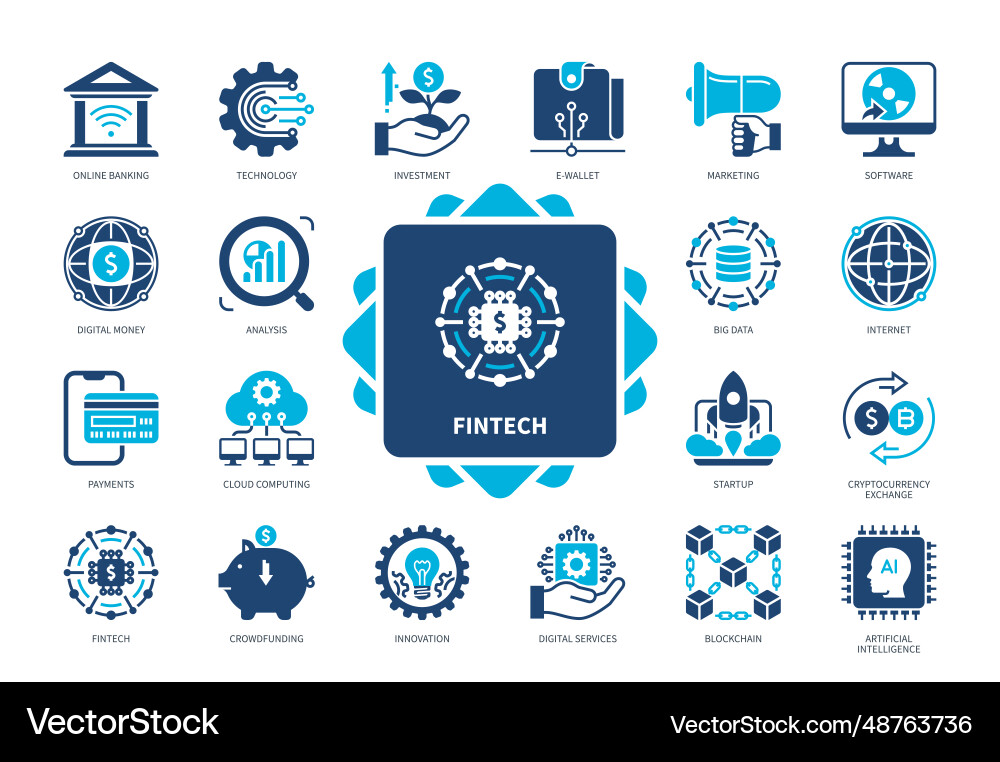 Fintech solid icon set Royalty Free Vector Image