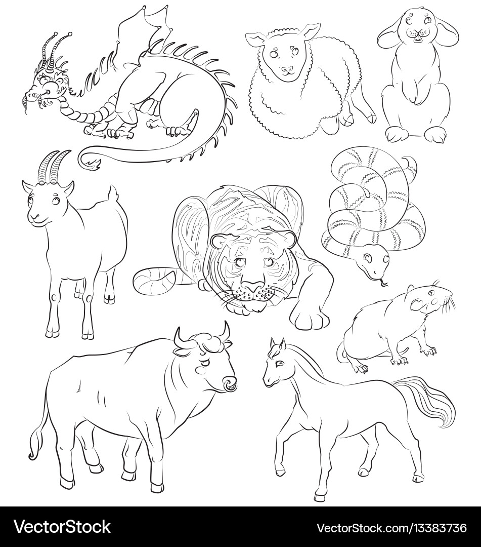Nine chinese calendar animals Royalty Free Vector Image