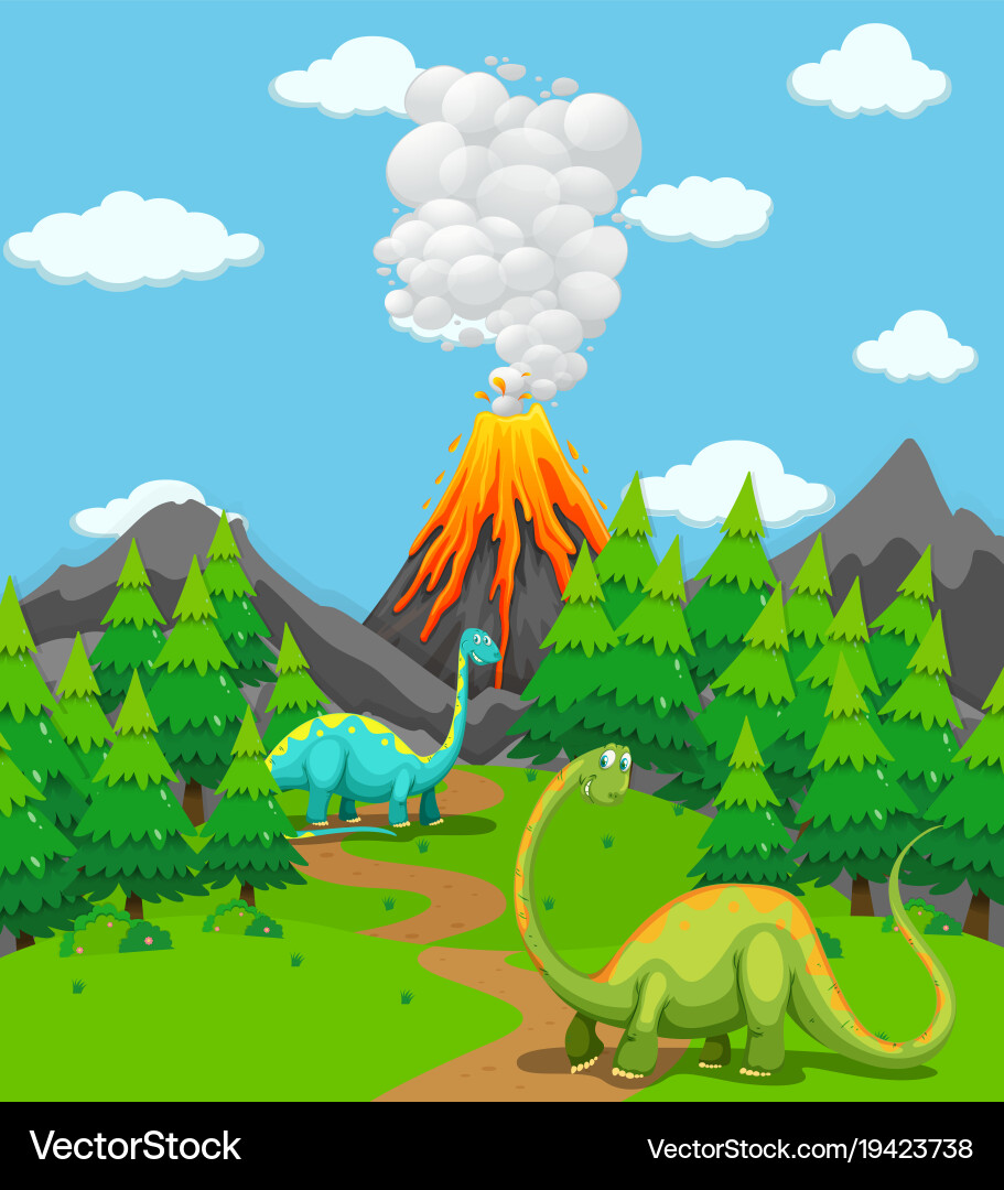 Two dinosaurs and volcano eruption Royalty Free Vector Image