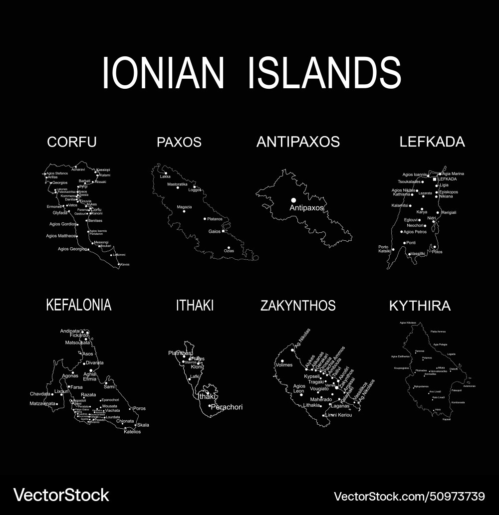 Ionian islands set maps silhouette Royalty Free Vector Image