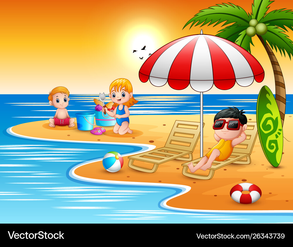 Summer vacation children in beach Royalty Free Vector Image