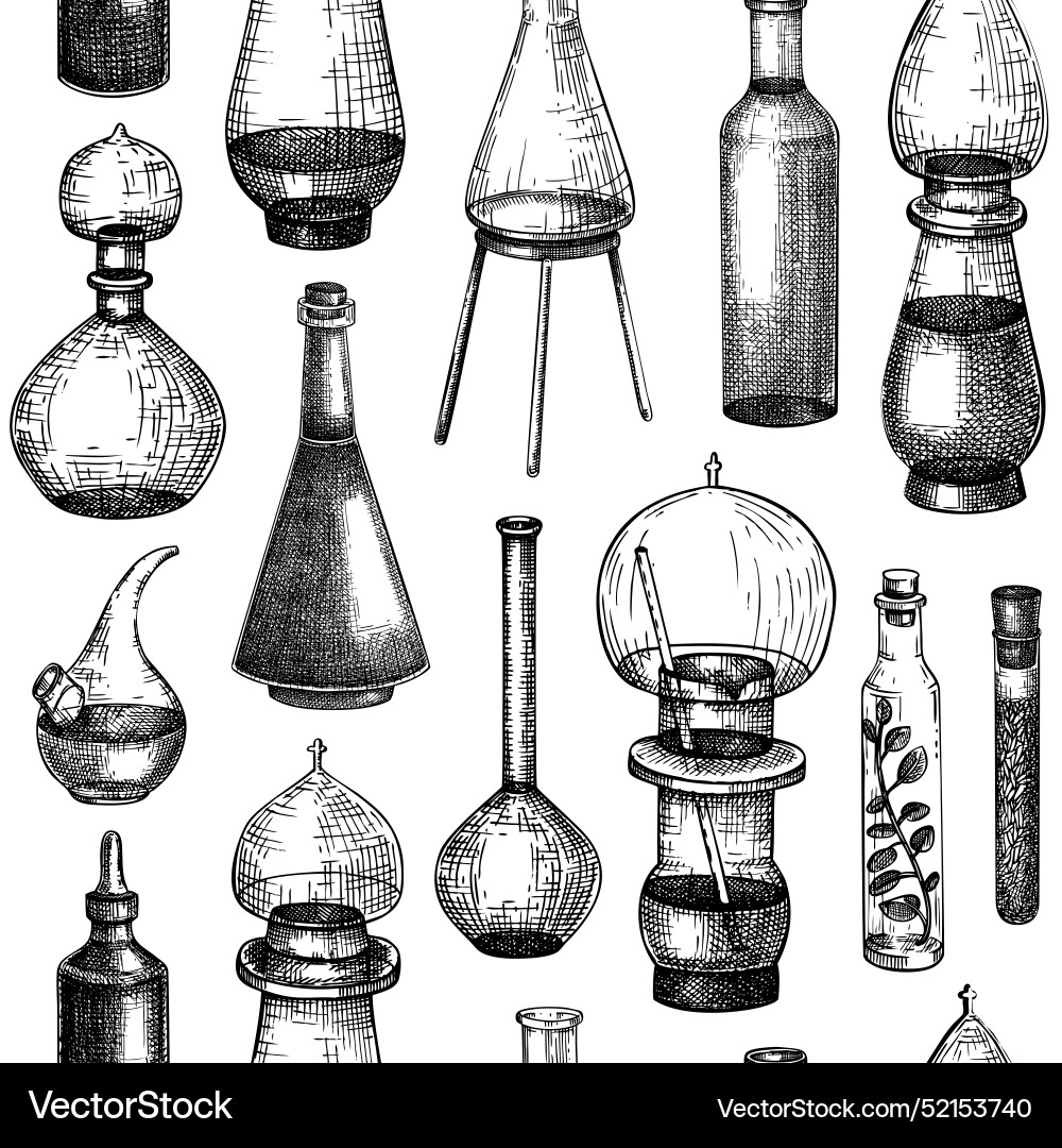 Antique apothecary glassware background alchemy Vector Image