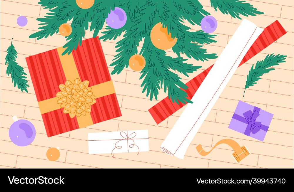 Christmas presents under tree top view Royalty Free Vector