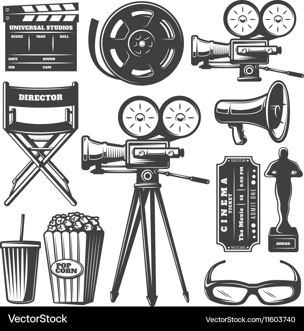 Cinema monochrome elements set Royalty Free Vector Image