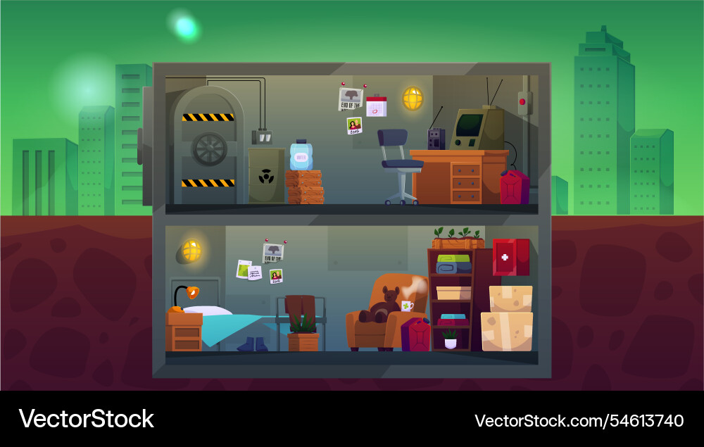 Underground bunker interior on lifeless cityscape Vector Image