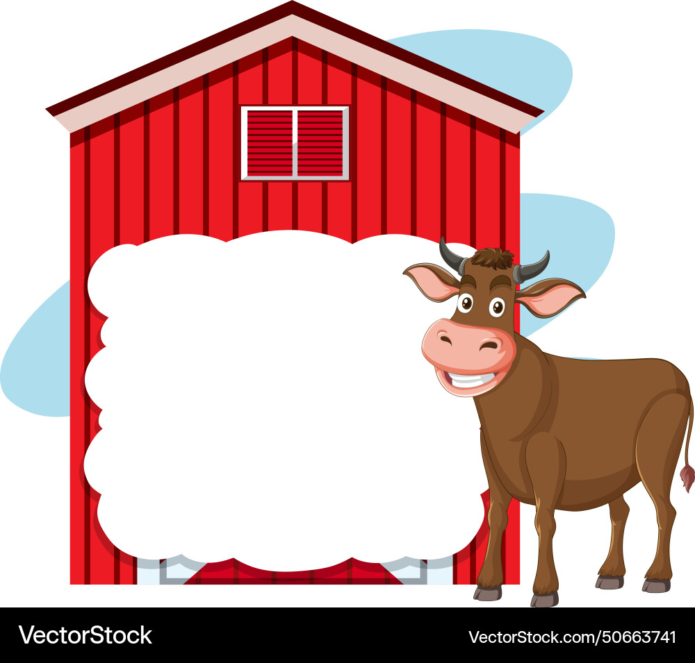 Cartoon cow standing next to a red barn Royalty Free Vector