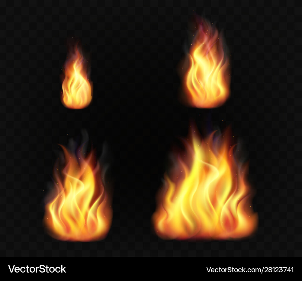 Realistic fire flames set transparent burning Vector Image