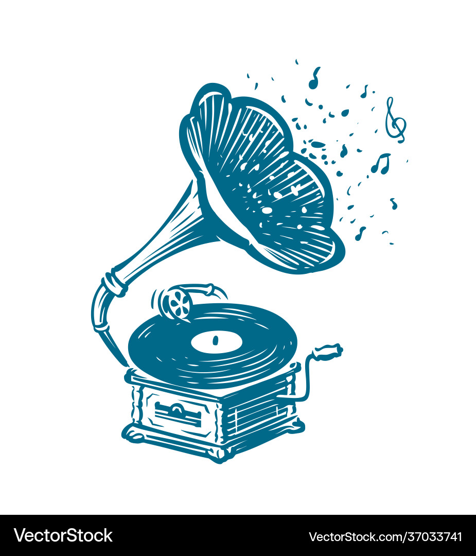 Retro musical gramophone drawn vintage phonograph Vector Image