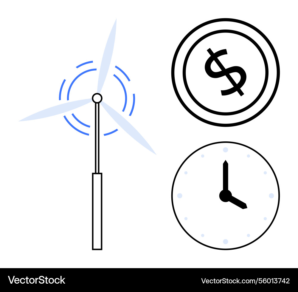 Wind turbine with dollar coin and clock Royalty Free Vector