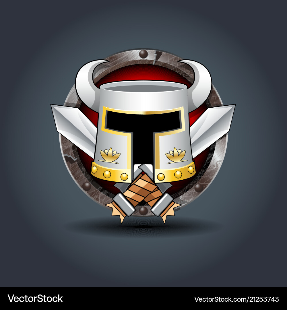 Knight helm and crossed swords rusty iron rounded Vector Image