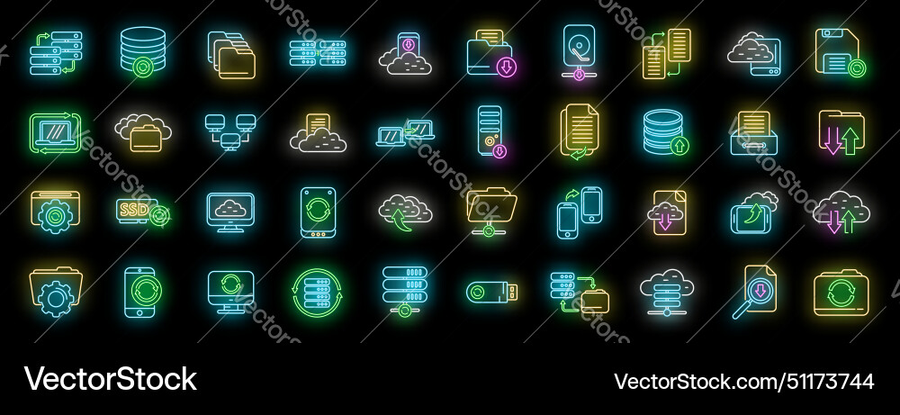 Backups icons set neon Royalty Free Vector Image