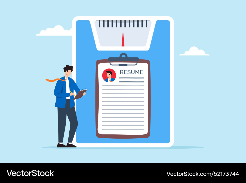 Hr manager weighing resumes on scale evaluating Vector Image