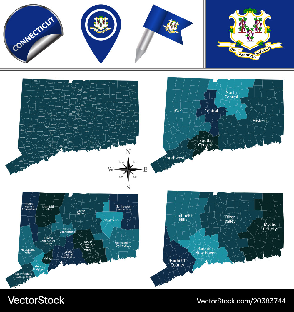 Map of connecticut with regions Royalty Free Vector Image