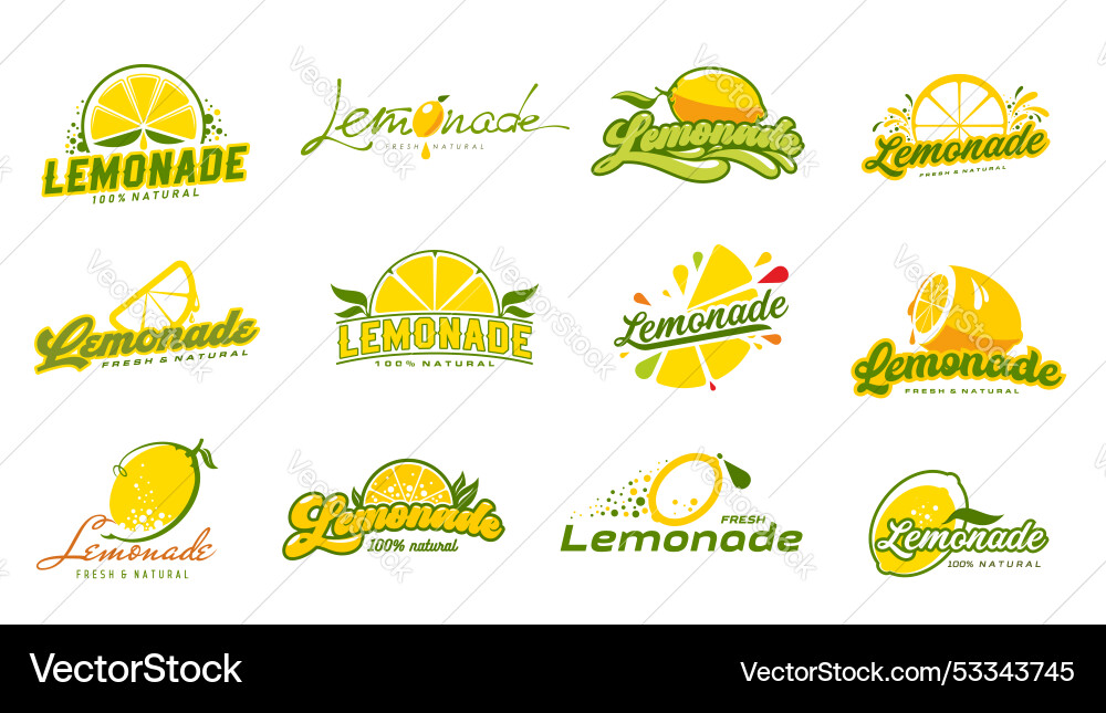 Lemonade drink icons with lemon fruit juice splash