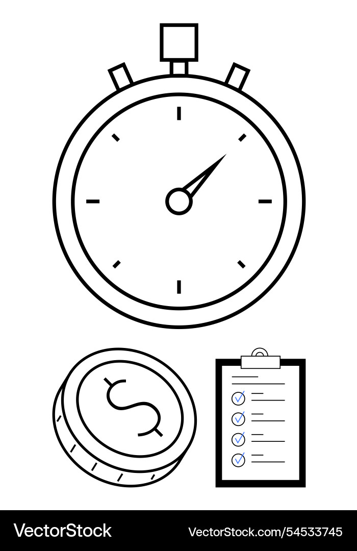Stopwatch dollar coin and checklist clipboard Vector Image