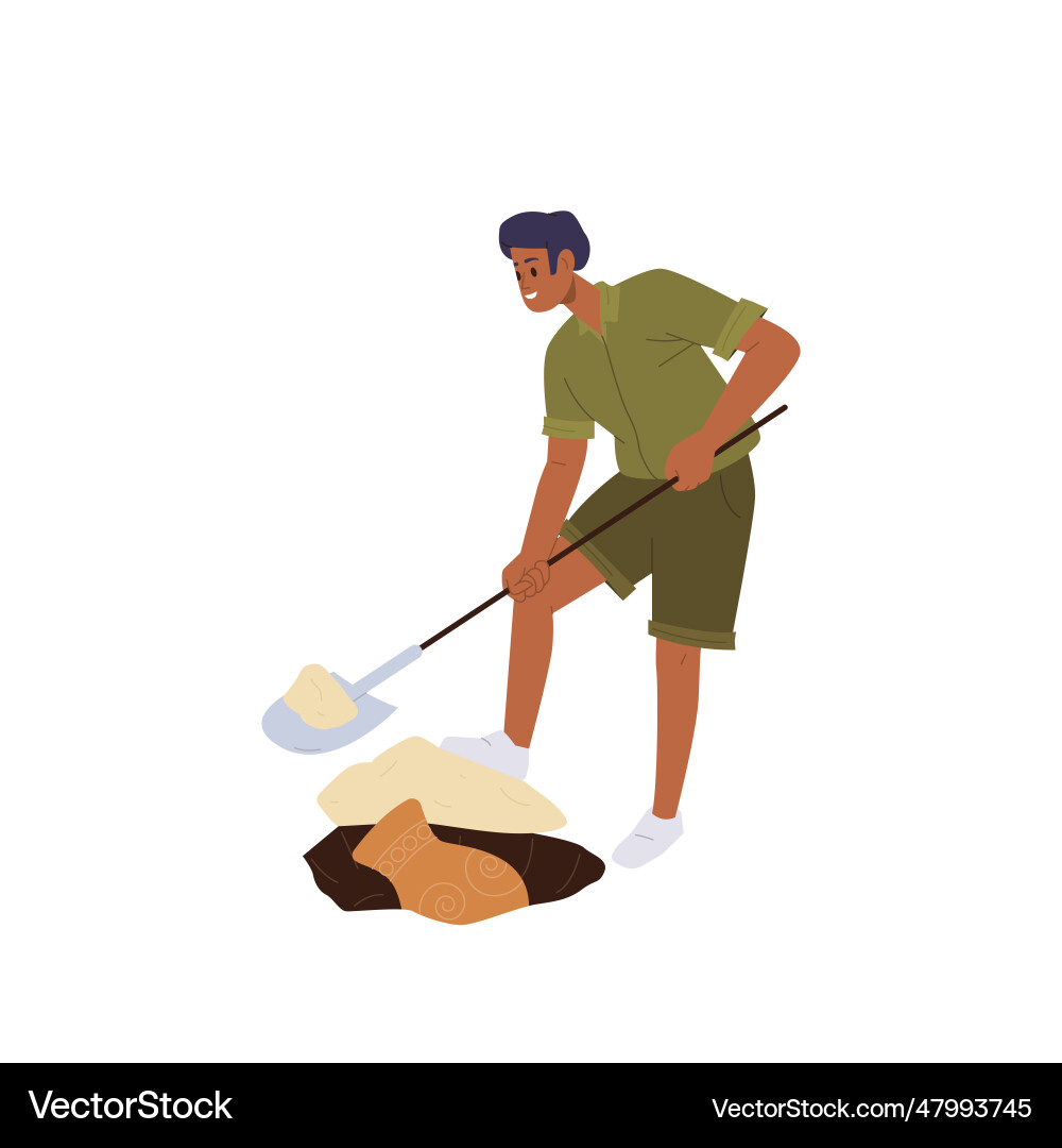 Young man archeologist character digging hole Vector Image