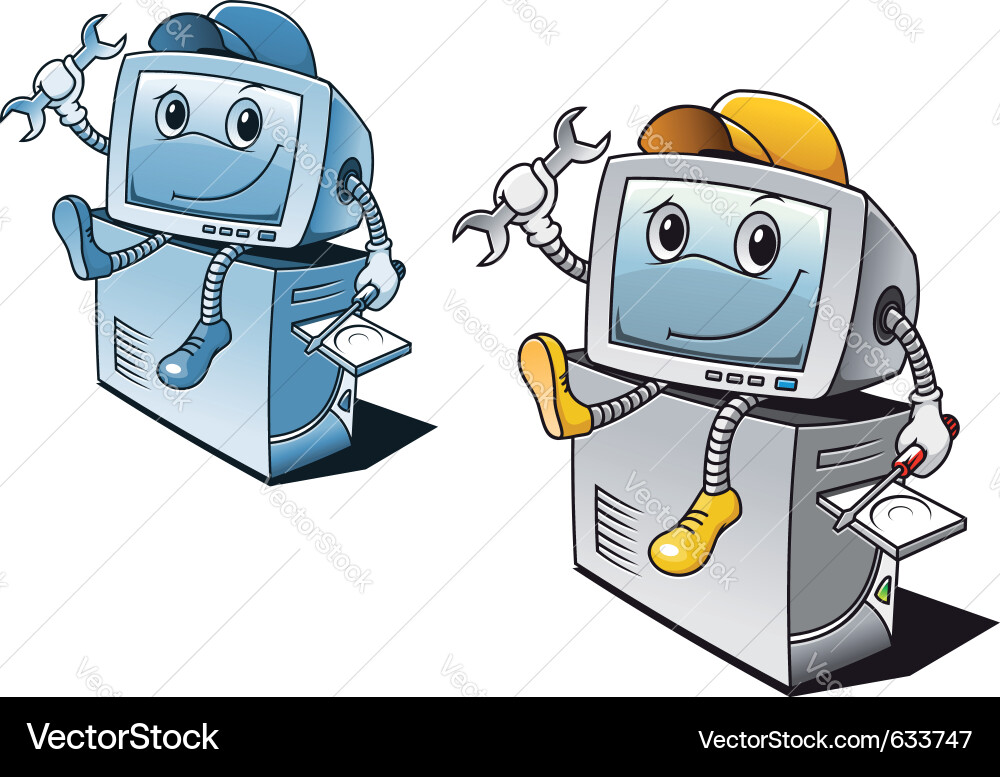Computer in cartoon style for repair service conce