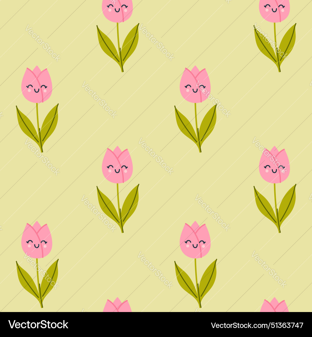 Simple seamless pattern with cute kawaii flowers Vector Image
