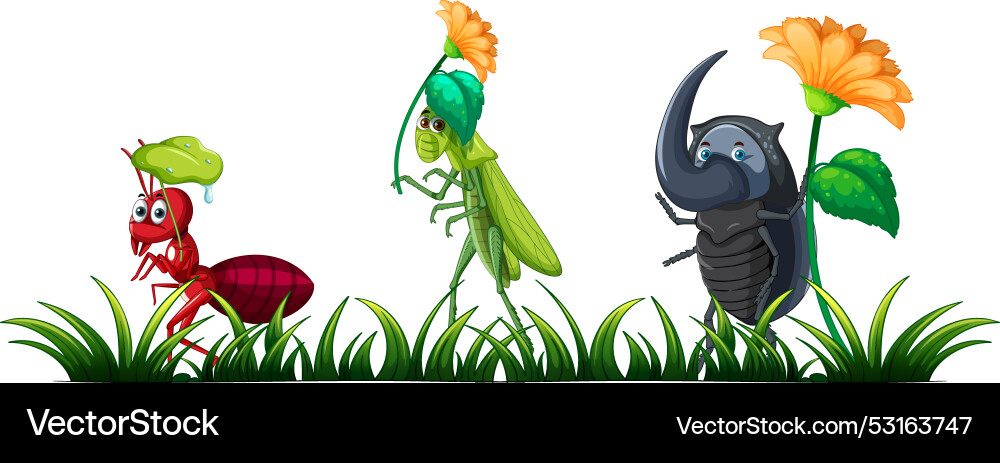 Three insects holding flowers in grassy field Vector Image