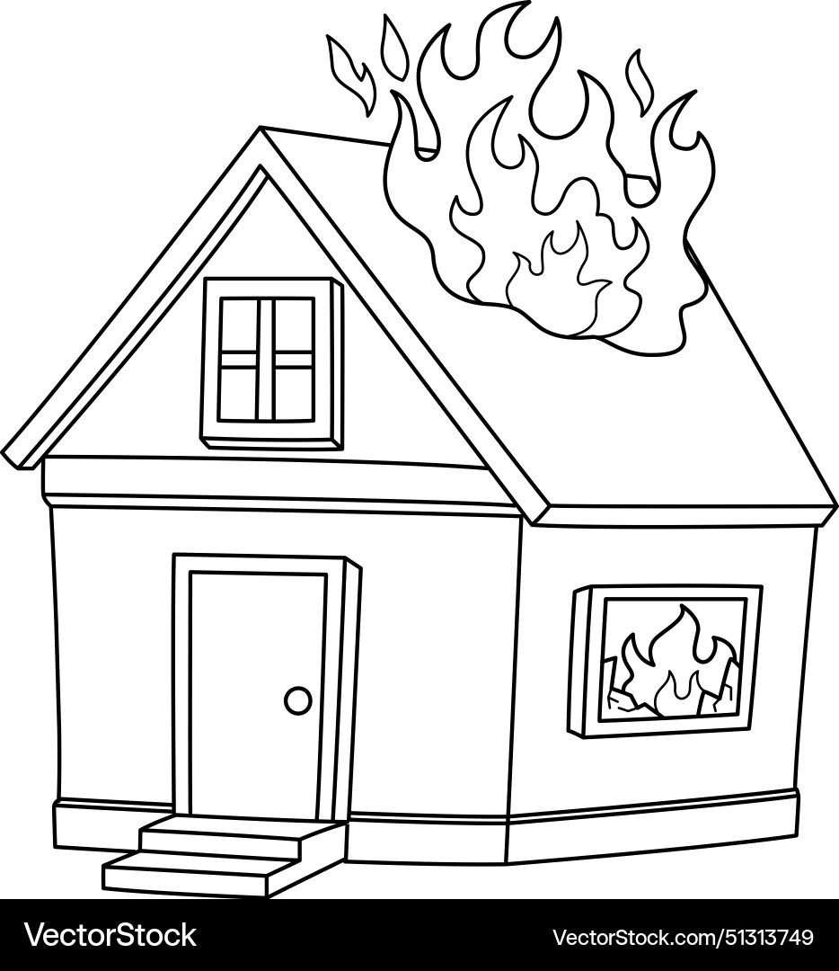 Burning house isolated coloring page for kids Vector Image