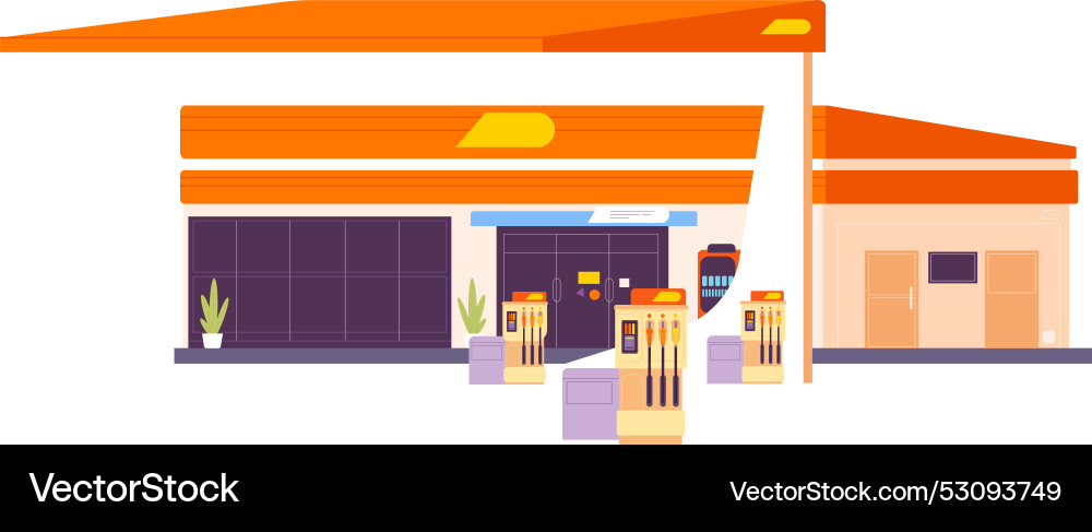 Gas station front city building color facade Vector Image