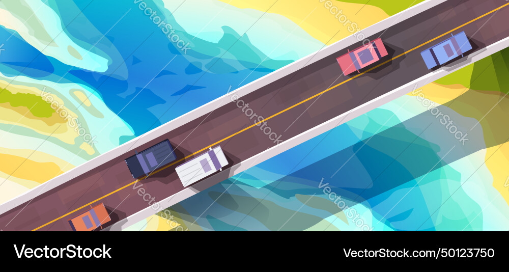 Cars on bridge with river top view Royalty Free Vector Image