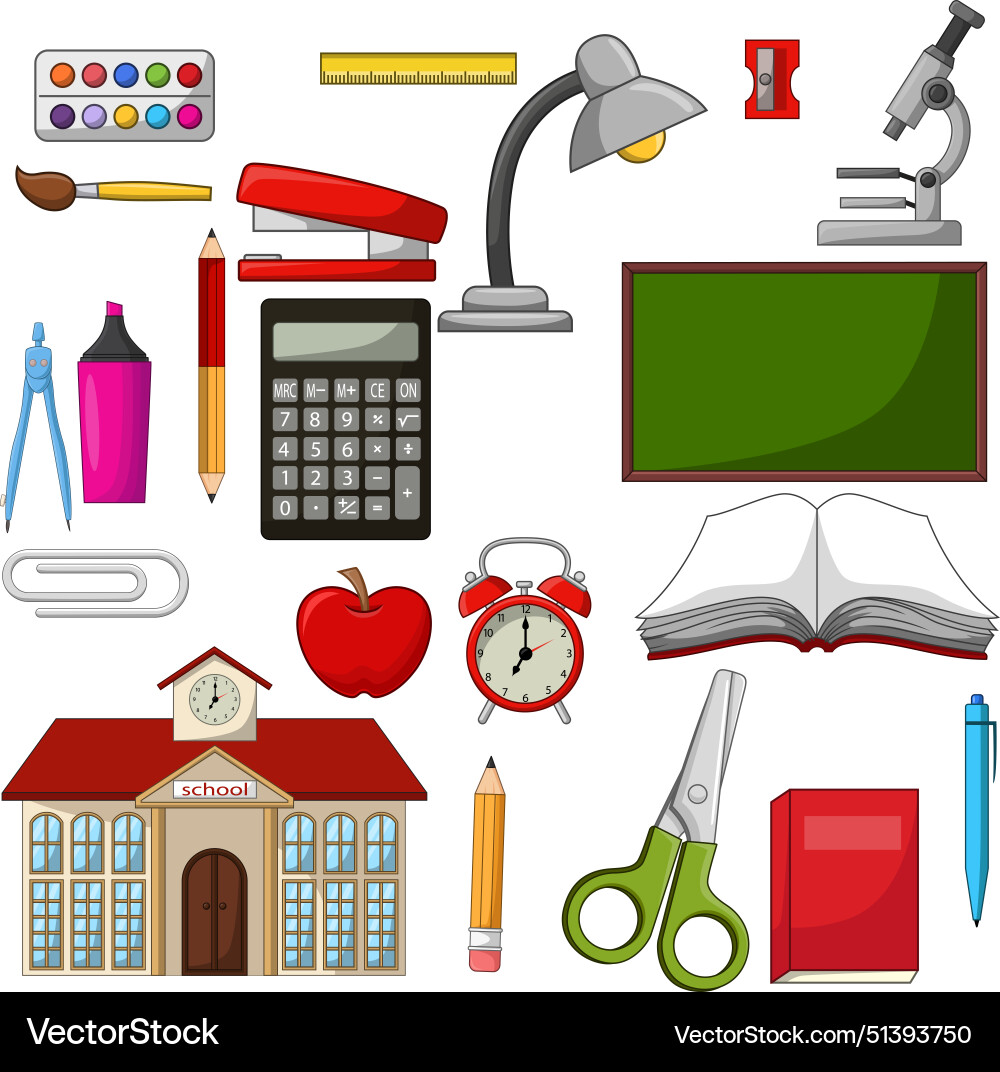 Cartoon school supplies collection set Royalty Free Vector