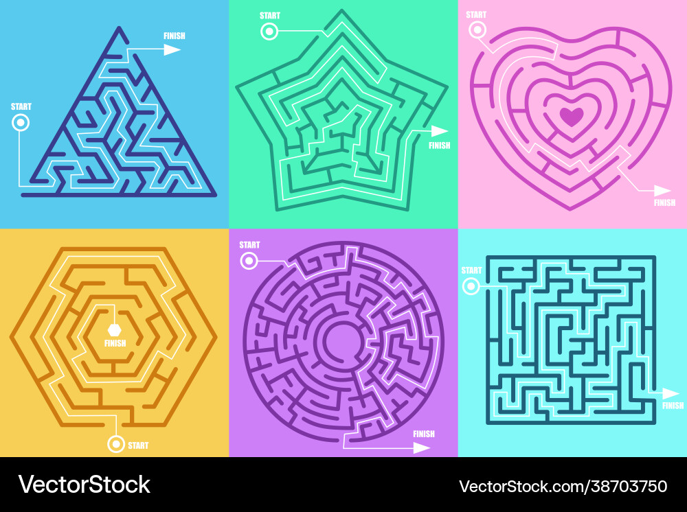 Maze games in form different figures set Vector Image