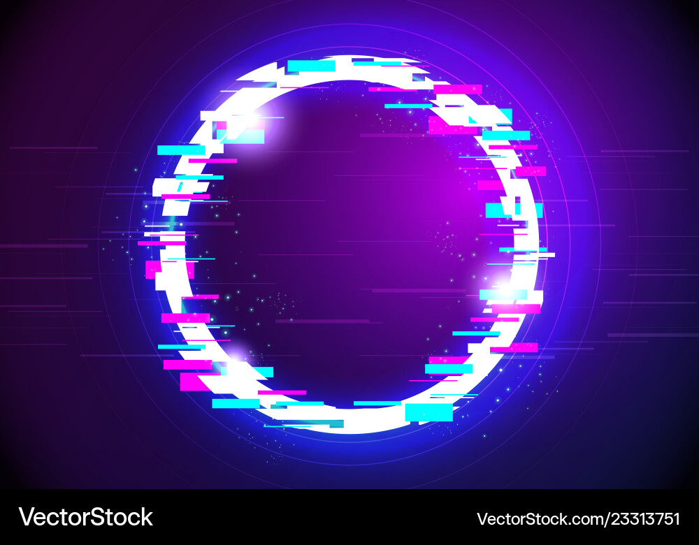 Distorted glitched glow circle frame background Vector Image