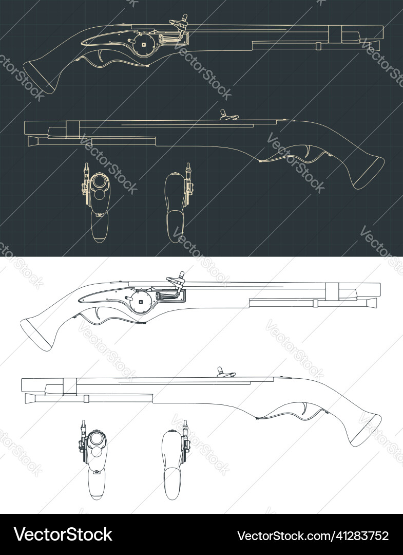 Ancient wheellock pistol blueprints Royalty Free Vector