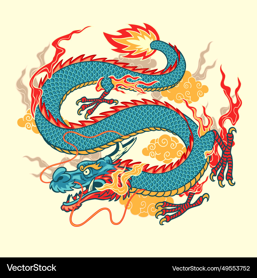Fierce asian dragon flying over cloud with fire Vector Image