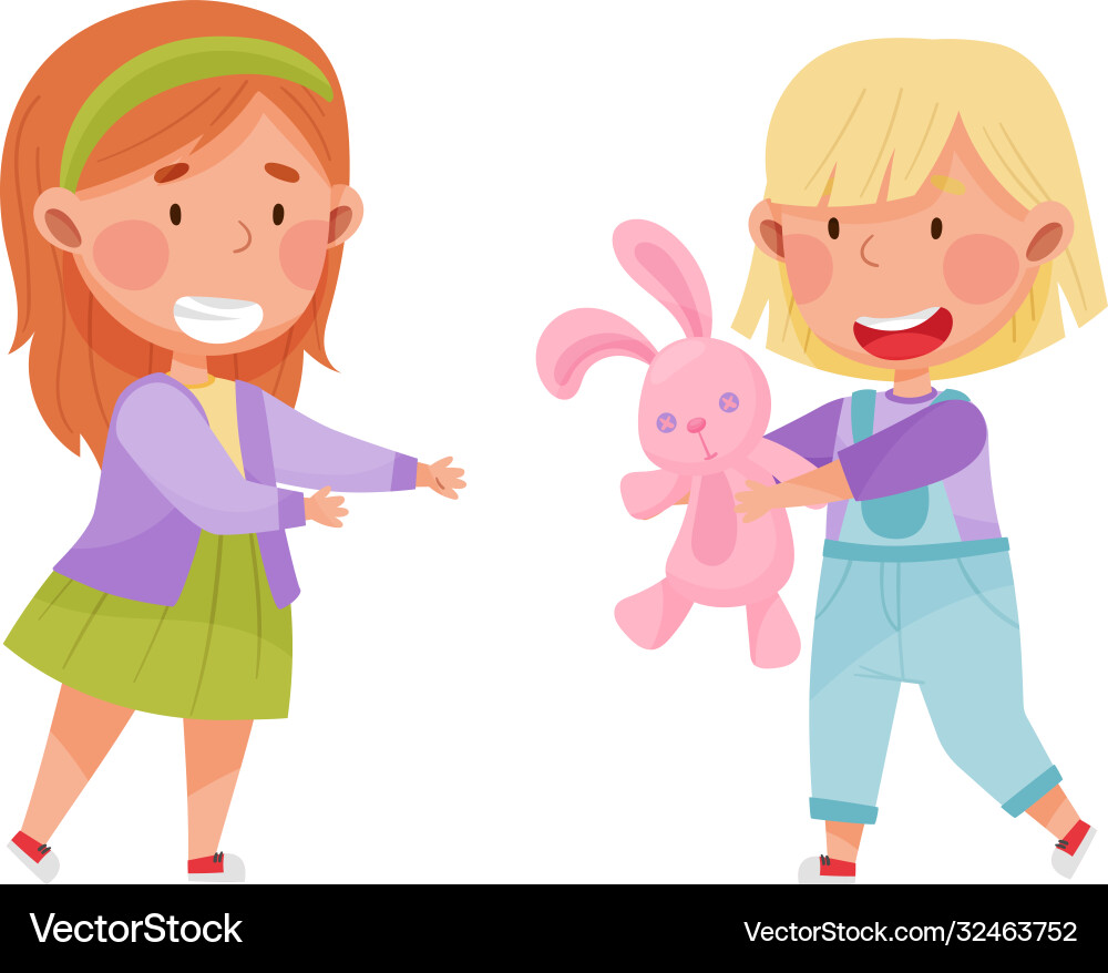 Friendly kids playing together and sharing toy Vector Image