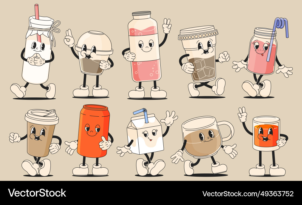 Retro cartoon drinks groovy 80s 90s alcohol Vector Image