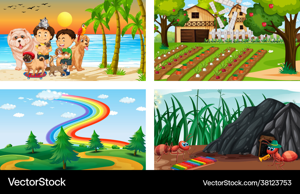 Four different scenes with children cartoon Vector Image